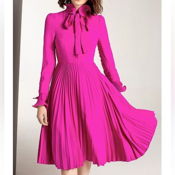 Splash | Dresses | Splash Women Dress Pink Ruffle Bow Long Sleeve Midi ...